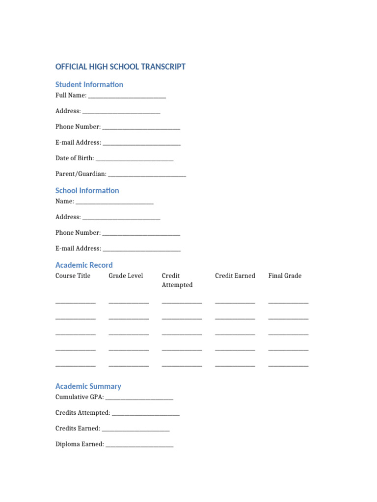 Official High School Transcript Template | PDF