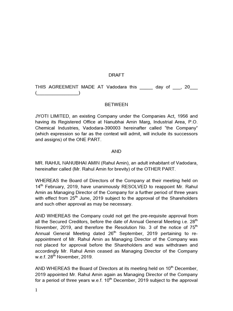 Draft Agreement For Appointment of MD | PDF | Employee Benefits | Banks