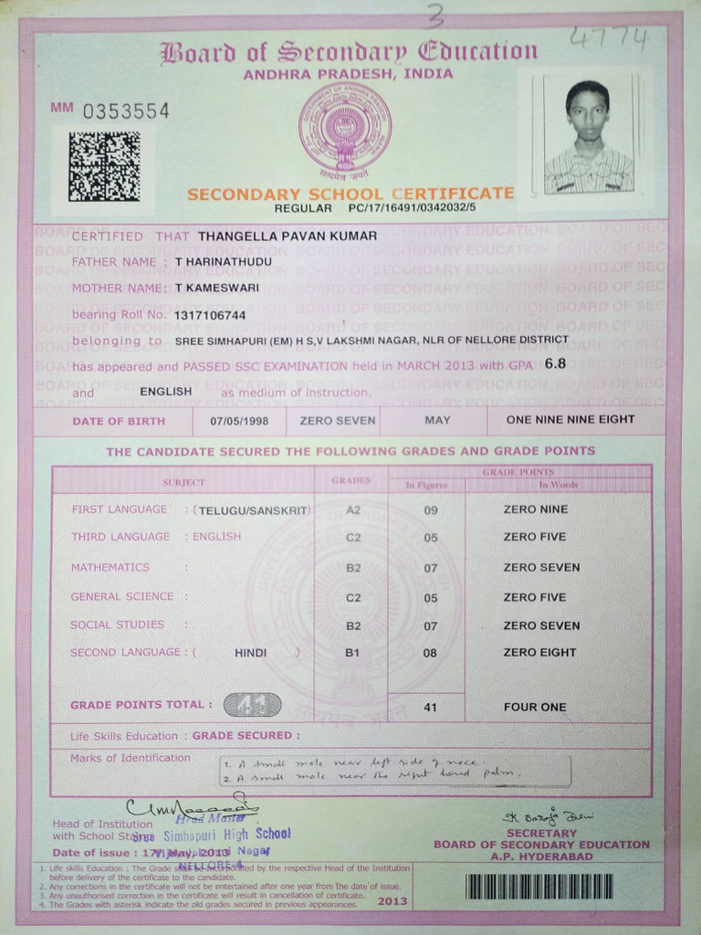 Pavan Kumar Thangella SSC Certificate | PDF