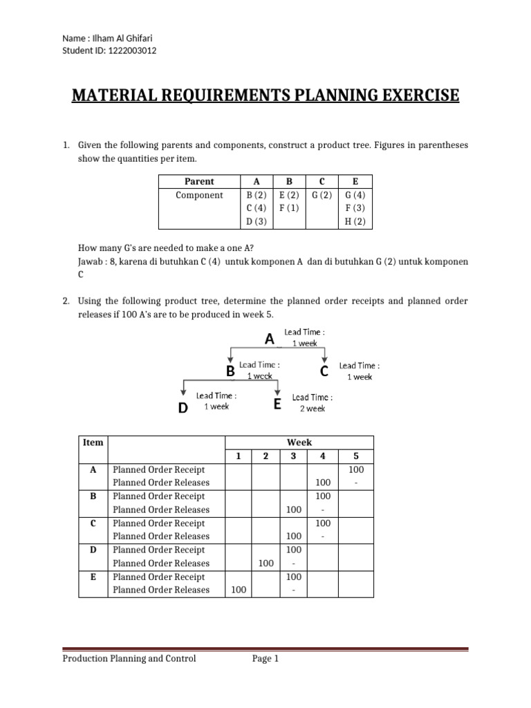 MATERIAL REQUIREMENTS PLANNING EXERCISE | PDF