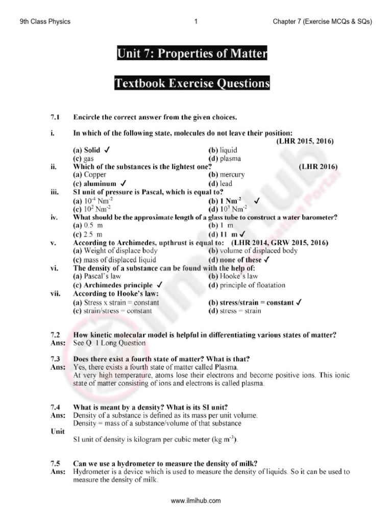 9th Phy Chap 7 Exercise MCQs & SQs_page-0001 (3 files merged) | PDF