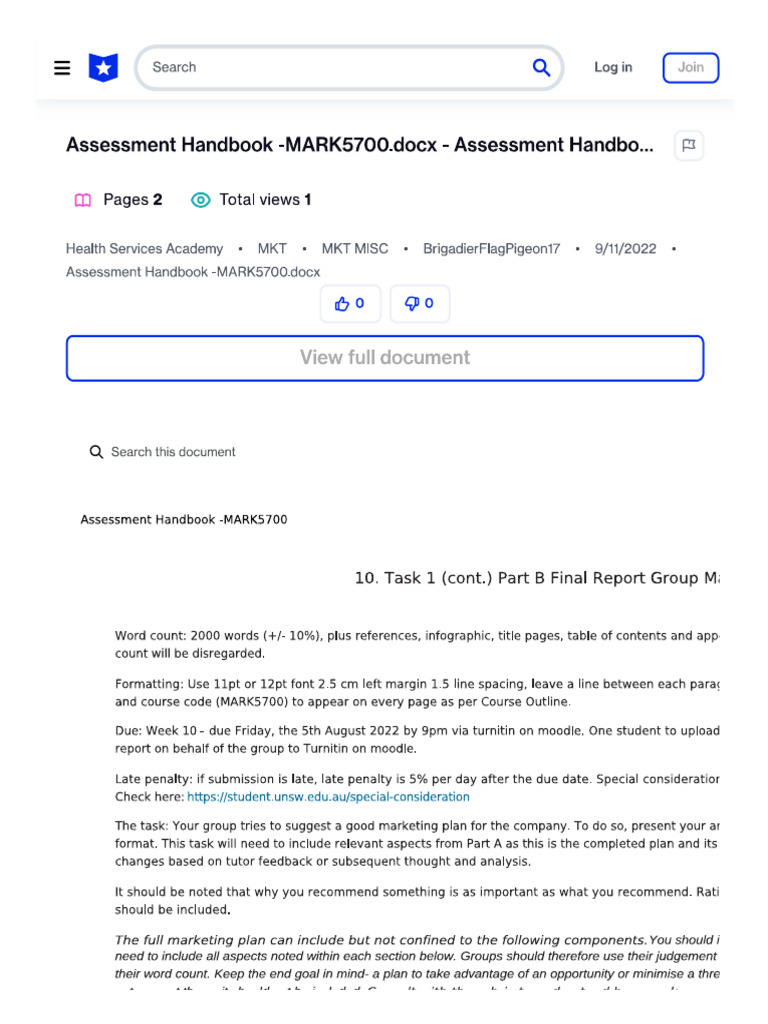Assessment Handbook - MARK5700.docx - Assessment Handbook | PDF