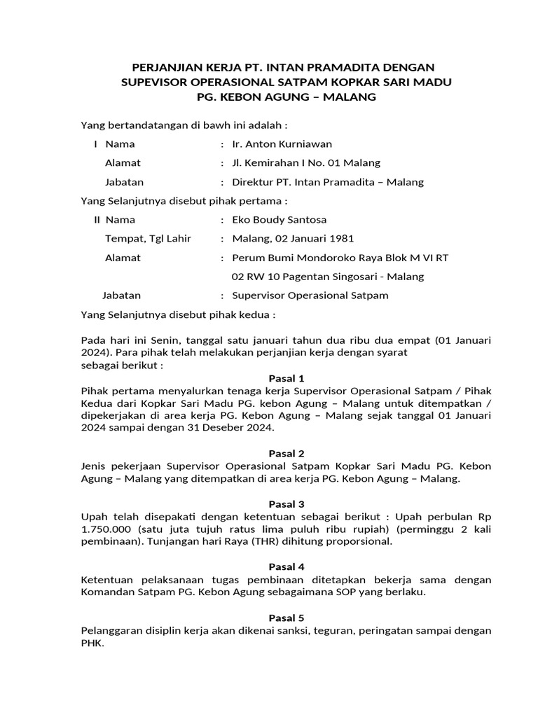 Perjanjian Kerja Eko | PDF