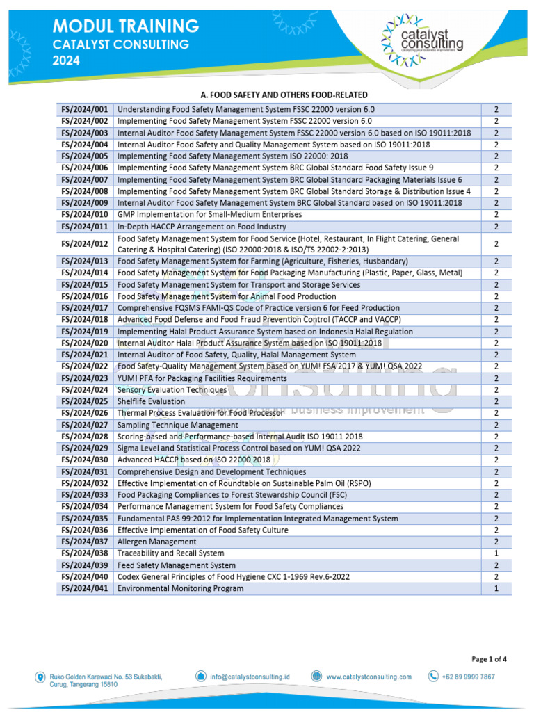 MODUL TRAINING CATALYST CONSULTING 2024 | PDF | Food Safety | Quality Management