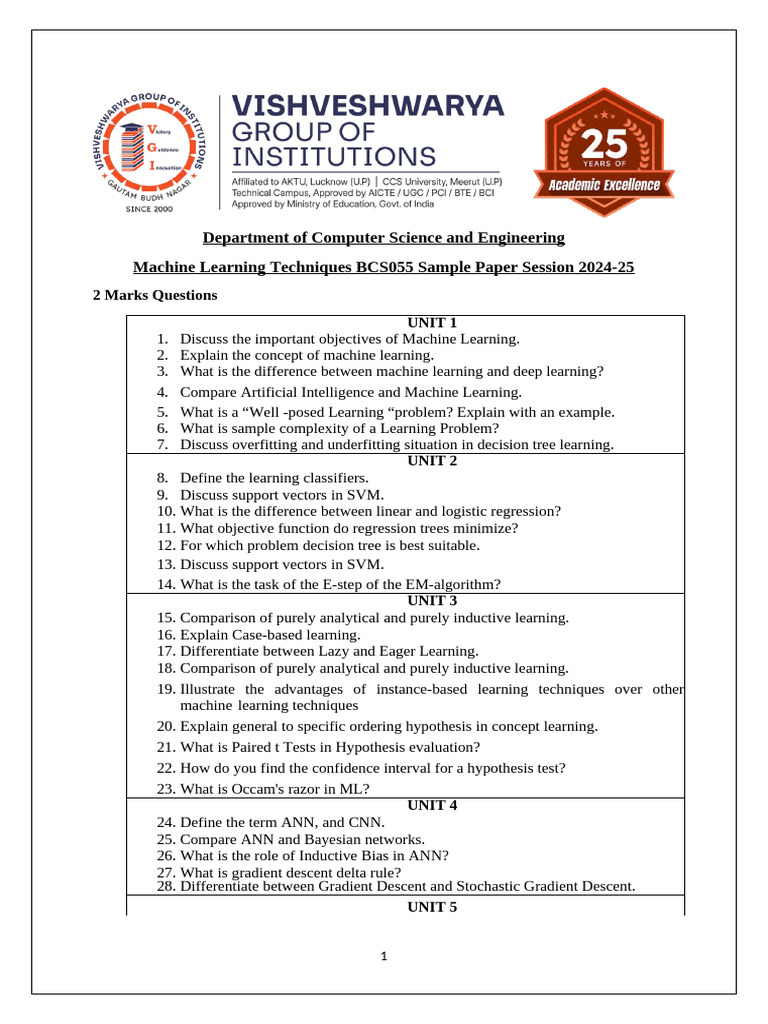 Sample Paper Machine Learning Techniques KCS055 | PDF | Support Vector ...