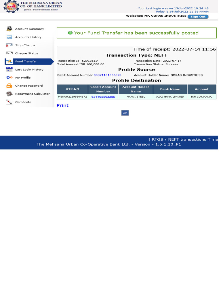 Successful Fund Transfer Confirmation | PDF