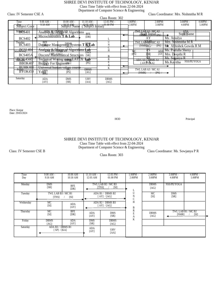 4th Sem CSE and ISE Class time table 22nd April 2024-1 | PDF | Computing | Computer Science