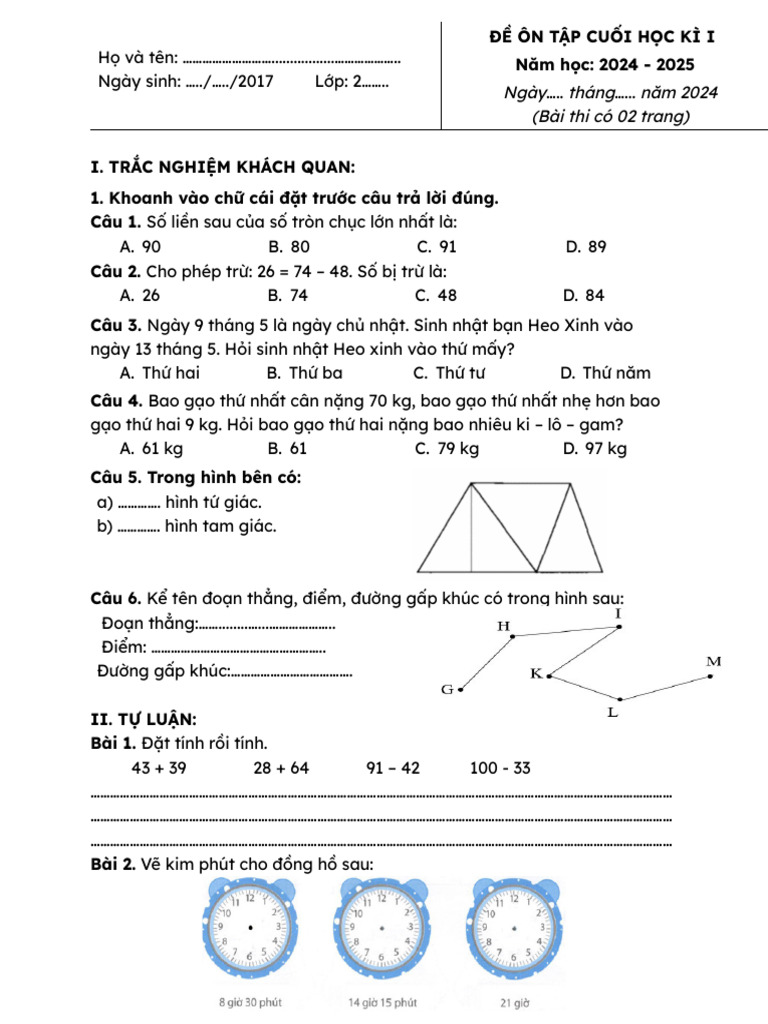K2.Đề ôn tập thêm - môn Toán CK1 | PDF