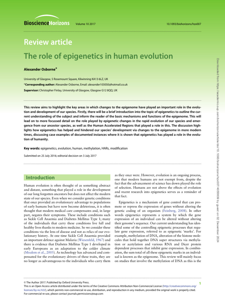 Osbourne-2017-The Role of Epigenetics in Human Evolution | PDF | Epigenetics | Gene