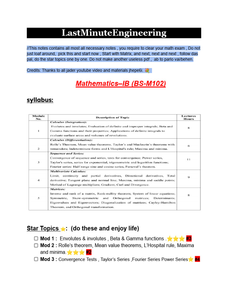 Mathematics-IB (BS-M102) Suggestions | PDF | Matrix (Mathematics) | Eigenvalues And Eigenvectors