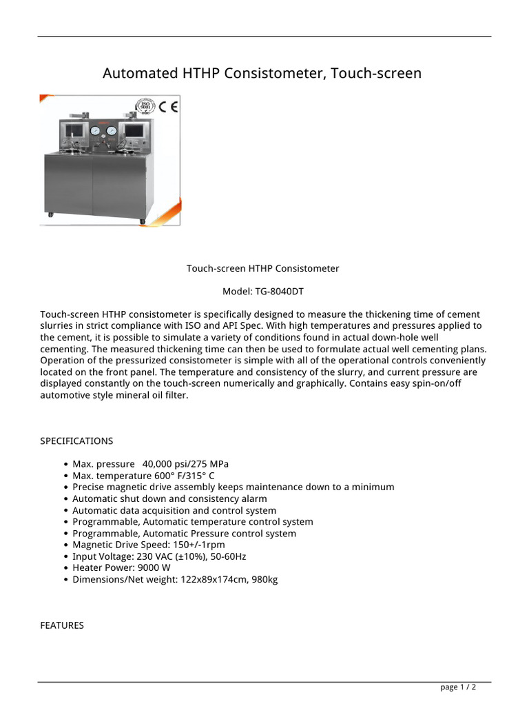Touch-Screen HTHP Consistometer TG-8040DT | PDF | Touchscreen | Temperature