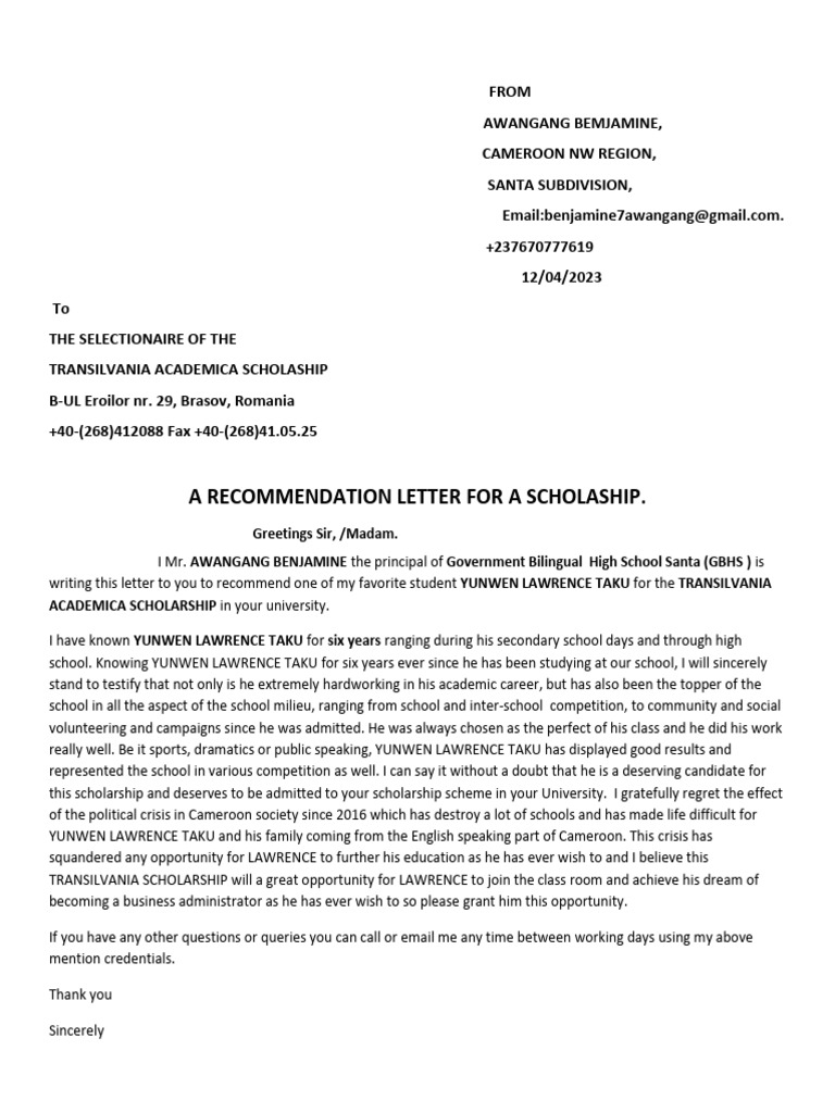 Recomendation Letter From Principal | PDF
