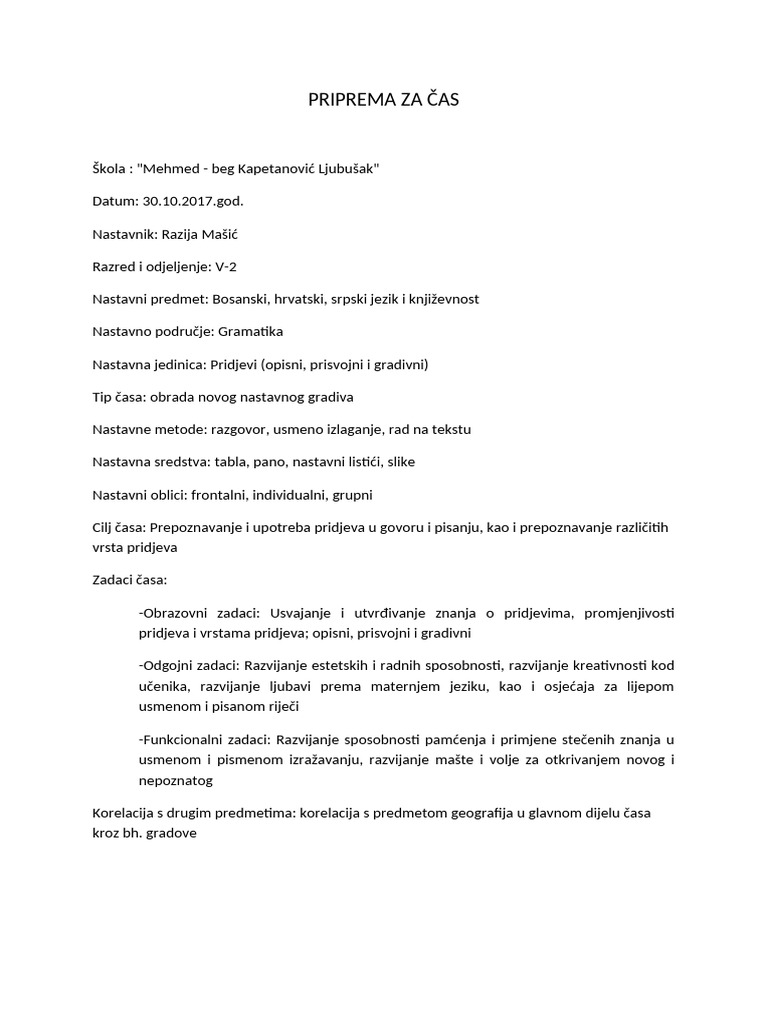 Priprema Za Čas Pridjevi | PDF