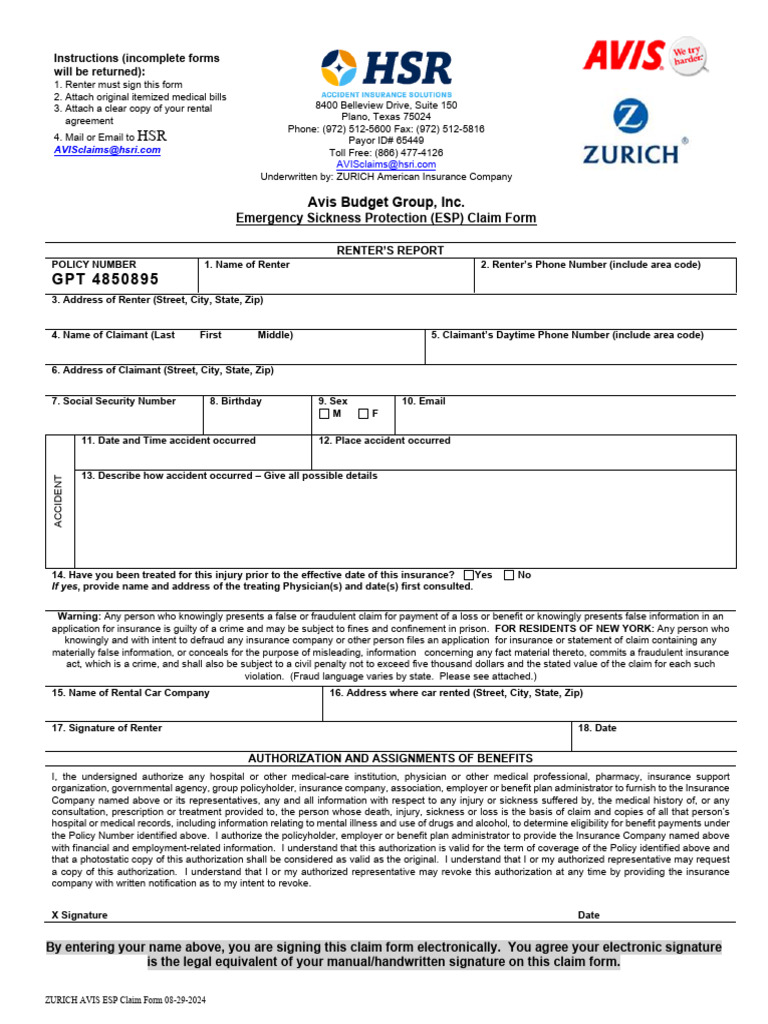 Zurich AVIS ESP Claim Form 08-29-2024 | PDF | Fraud | Insurance