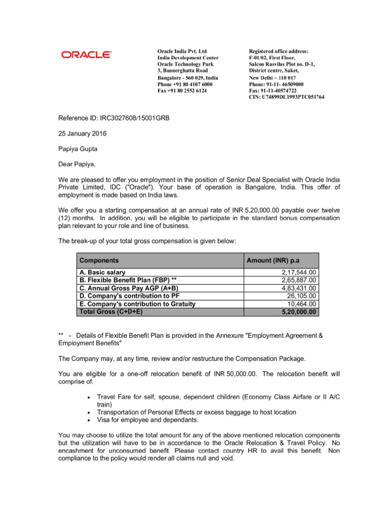 1offer Letter Oracle | PDF