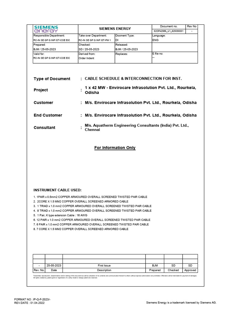 Cable Schedule Instrument | PDF | Electrical Engineering