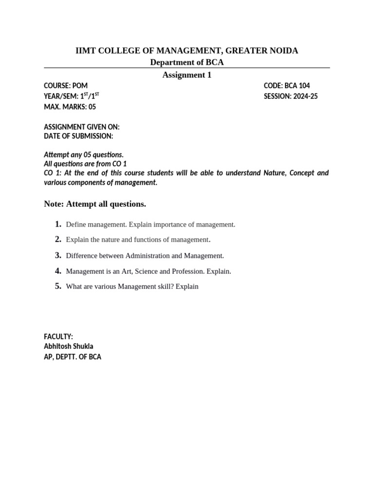 Iimt College of Management, Greater Noida Department of BCA Assignment ...