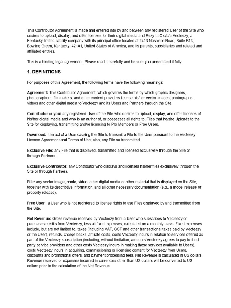 Vecteezy - Contributor Agreement - 5-26-20 | PDF | Subscription Business Model | Indemnity