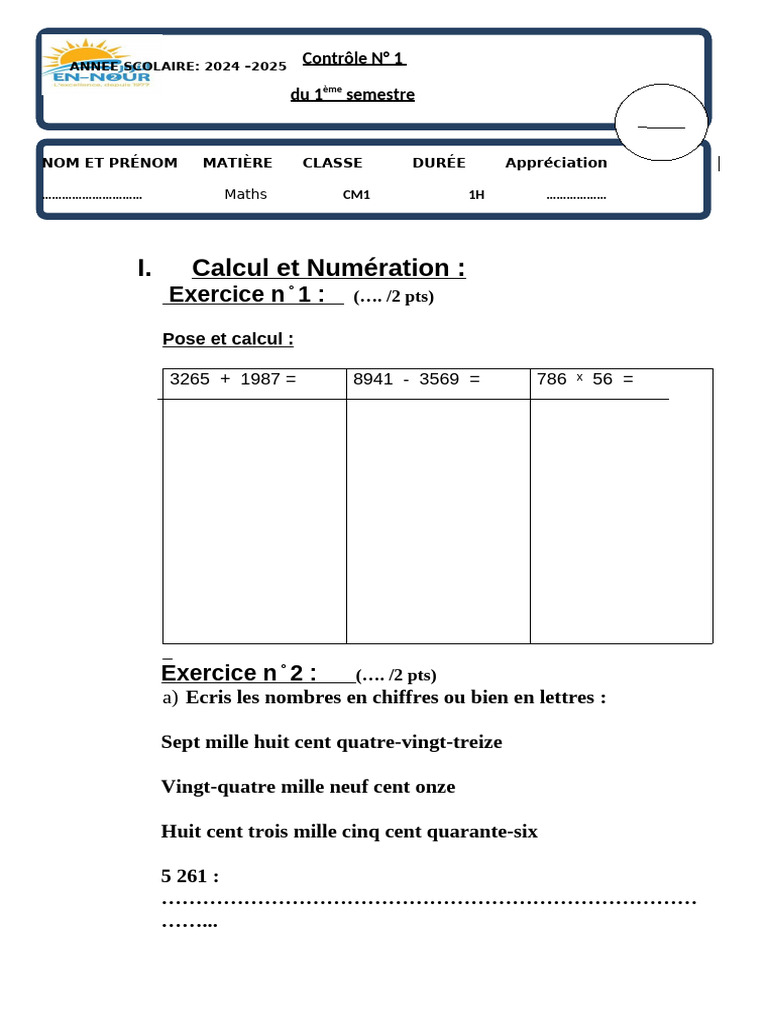 Contrôle Maths CM1 Semestre 1 | PDF