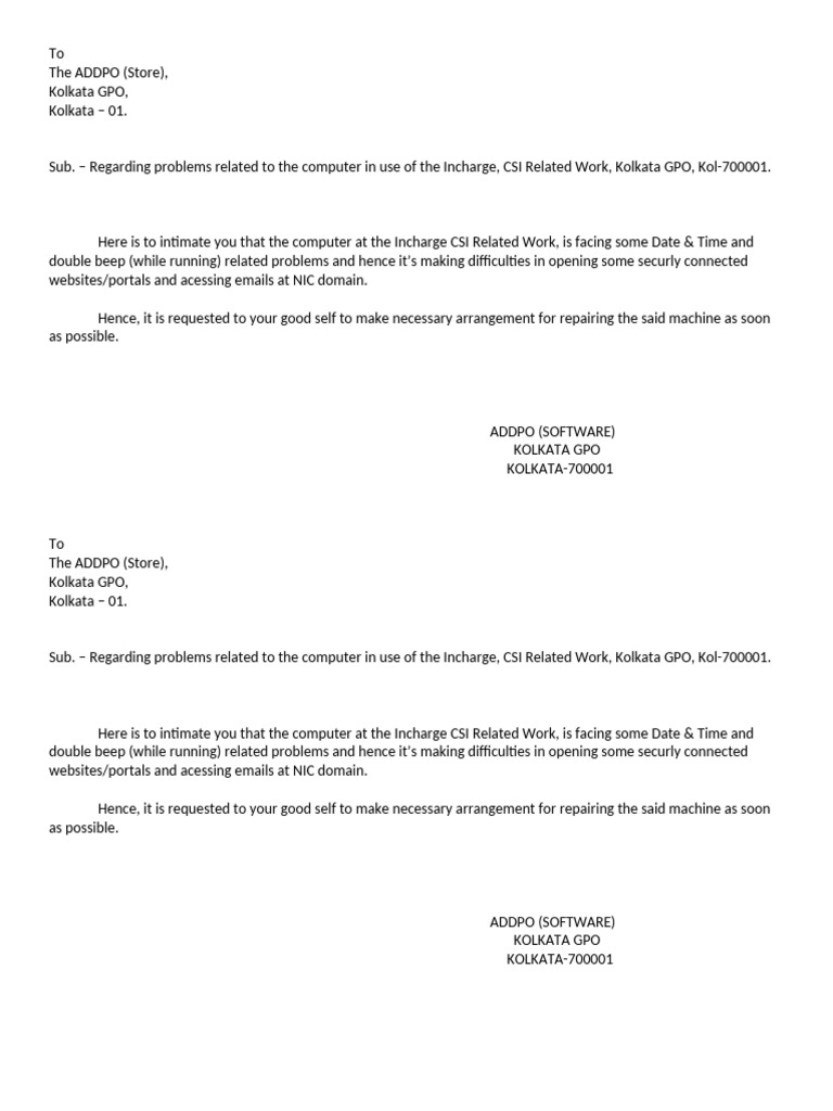 Computer Repair Request for Kolkata GPO | PDF