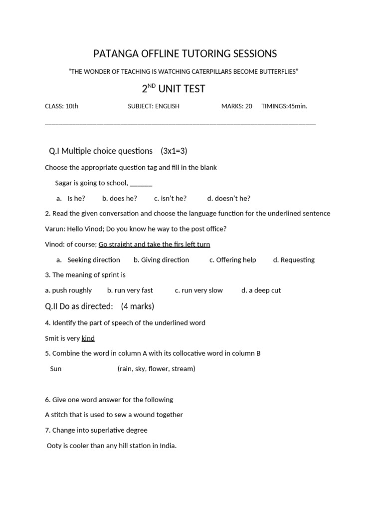 Class 10 English 2nd Unit Test Paper | PDF