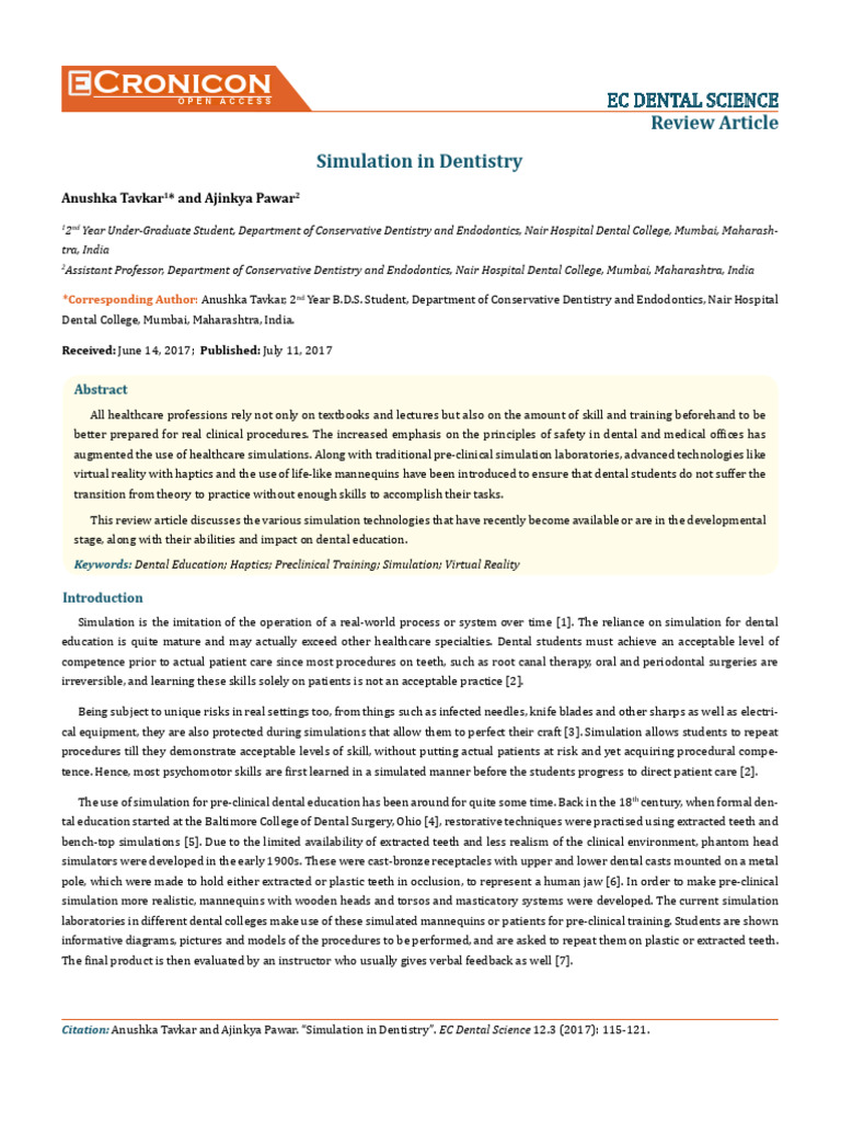 Review Article on Simulation in Dentistry | PDF | Simulation | Dentistry