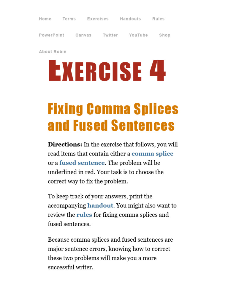 Comma Splices and Fused Sentences - Exercise 4 - Grammar Bytes! | PDF