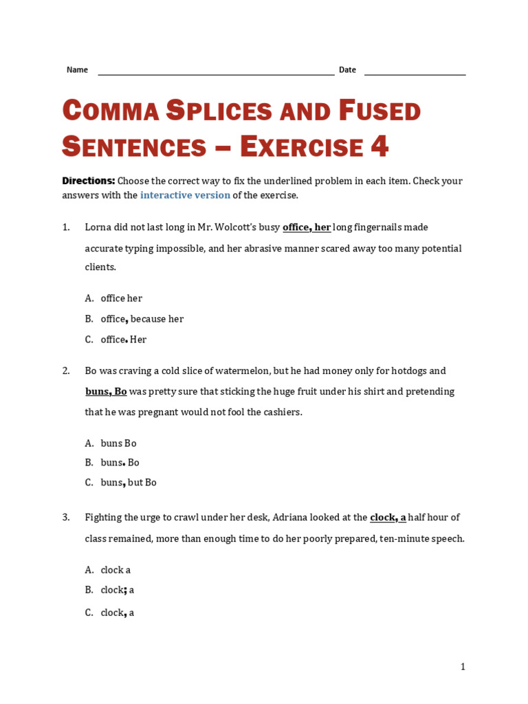 Comma Splices and Fused Sentences – Exercise 4 | PDF