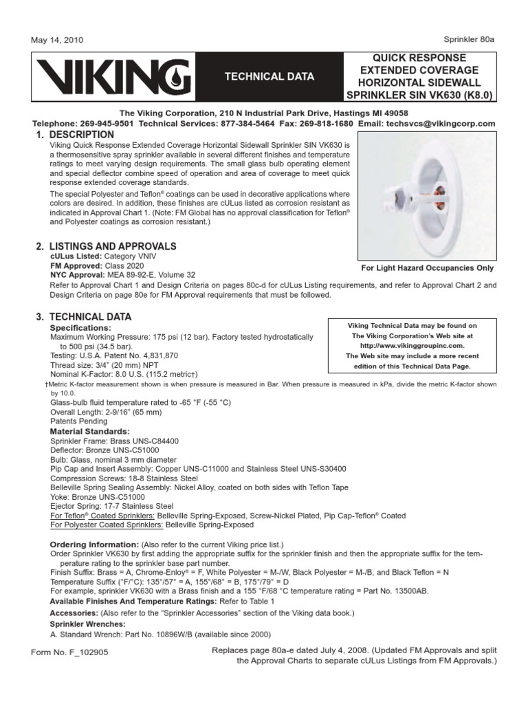 Viking Extended Coverage Quick Respons Sidewall | PDF | Fire Sprinkler System | Building Engineering