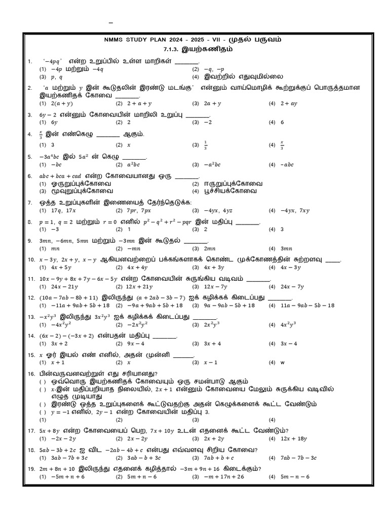 Zeal NMMS Study 2024-25 VII - TERM 1 - 3.algebra | PDF