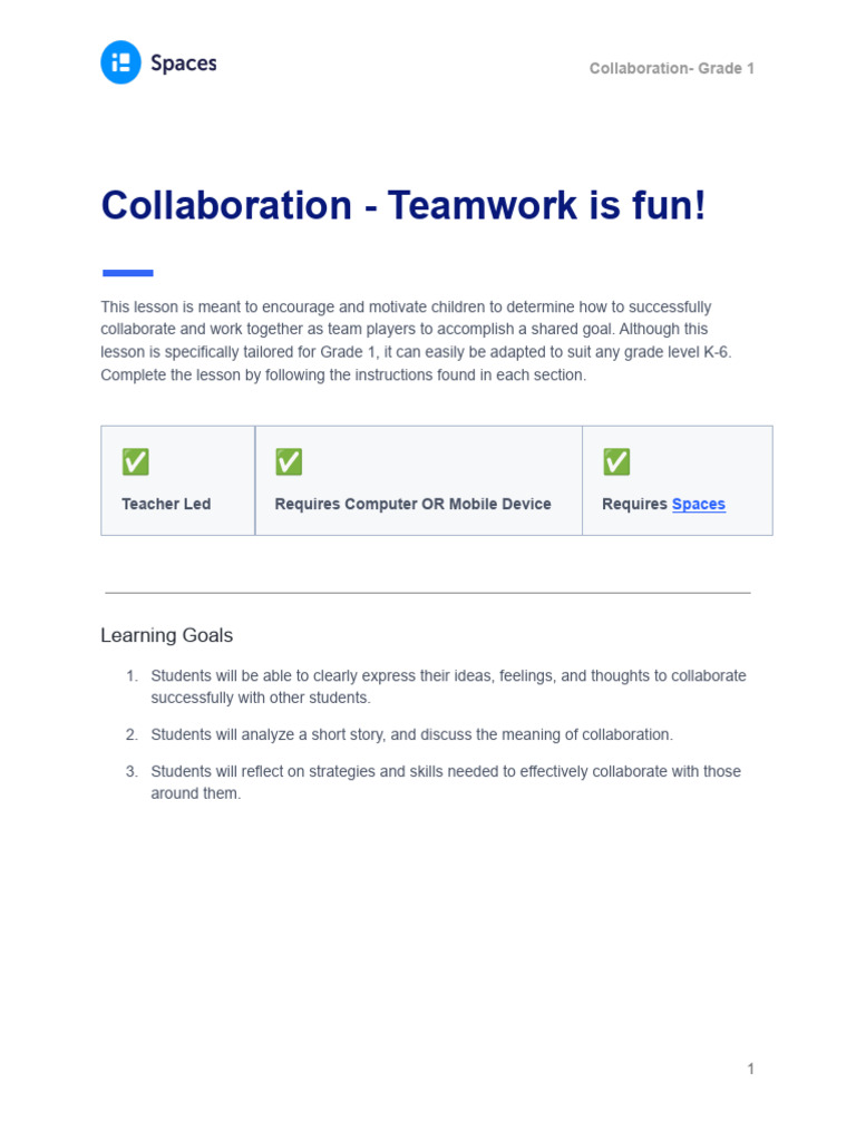 Collaboration Lesson Plan Grade 1 | PDF | Collaboration | Lesson Plan