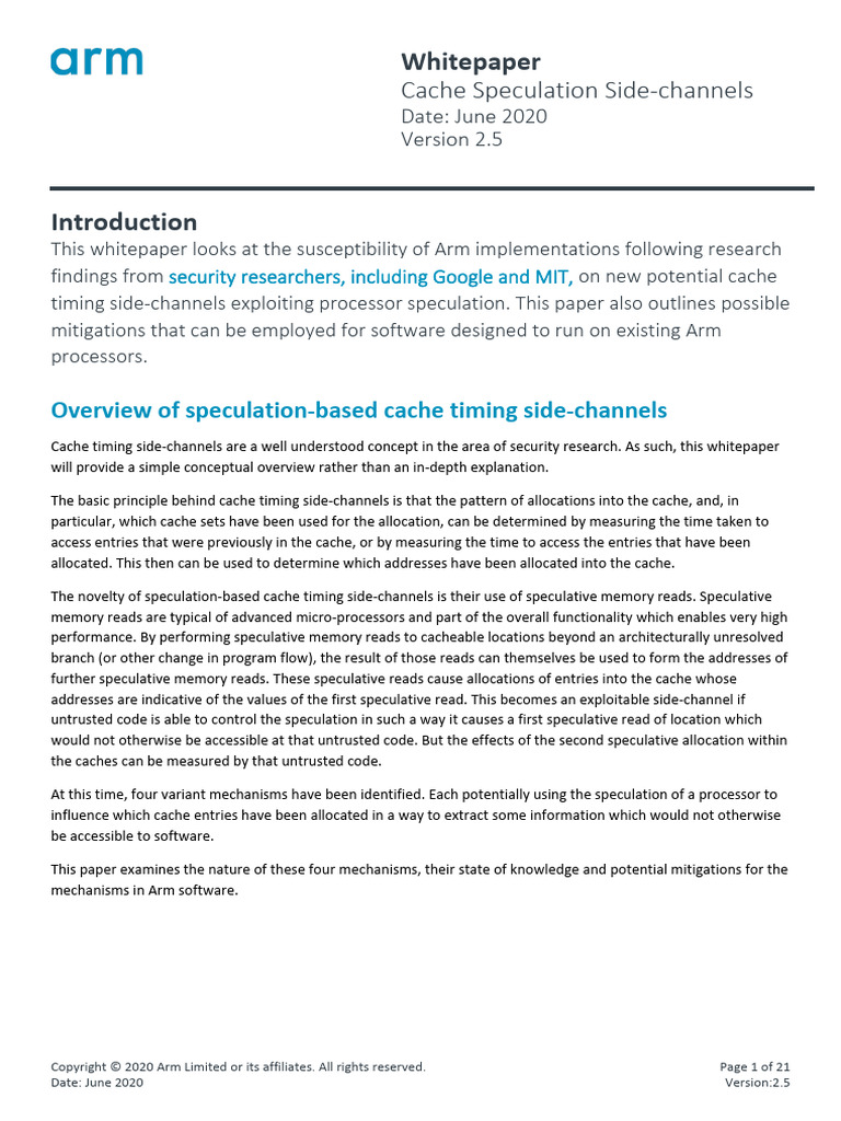 Cache Speculation Side Channels v2.5 | PDF | Cpu Cache | Central Processing Unit