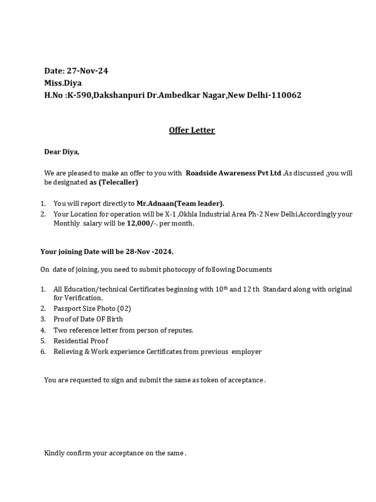 Telecaller Offer Letter Diyaa 123 | PDF
