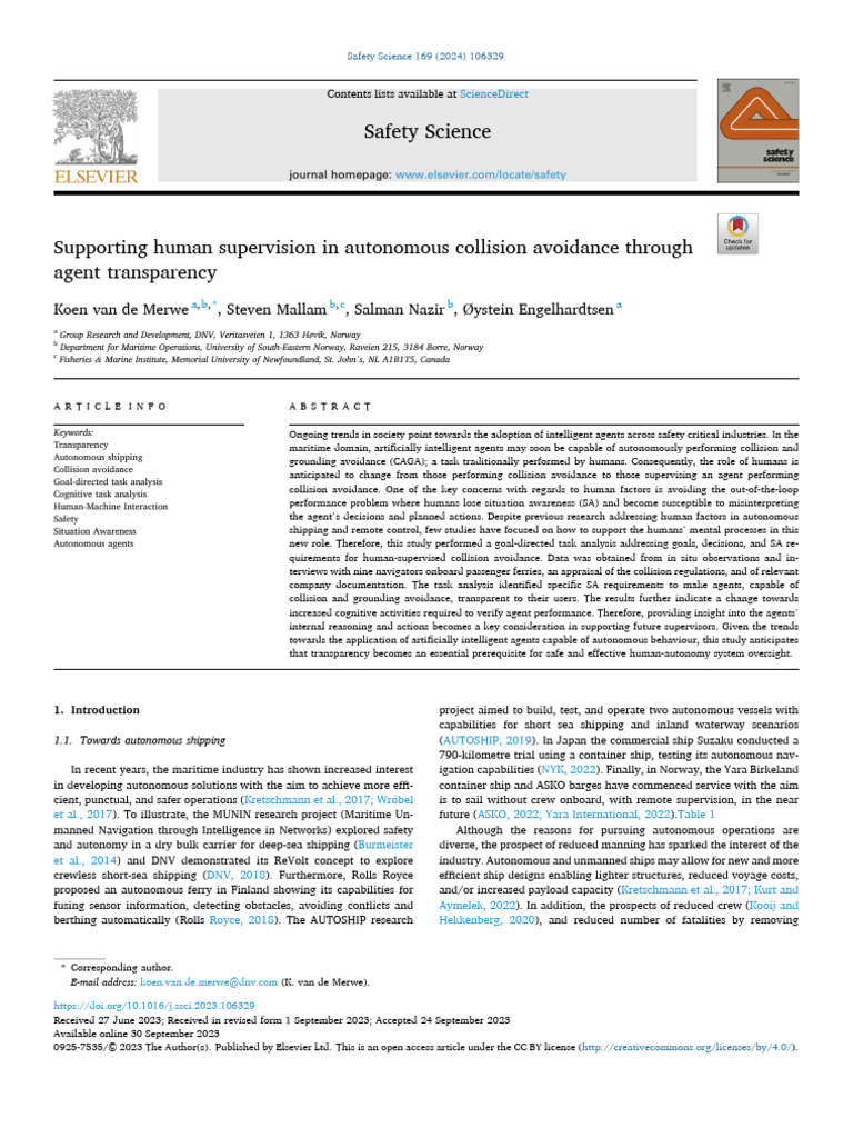 Supporting Human Supervision in Autonomous Collision Avoidance Through Agent Transparency | PDF ...