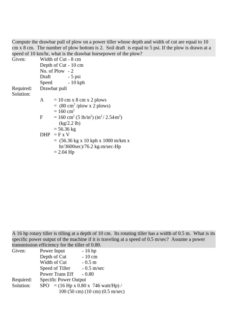 Agricultural Machinery Calculations | PDF | Horsepower | Plough