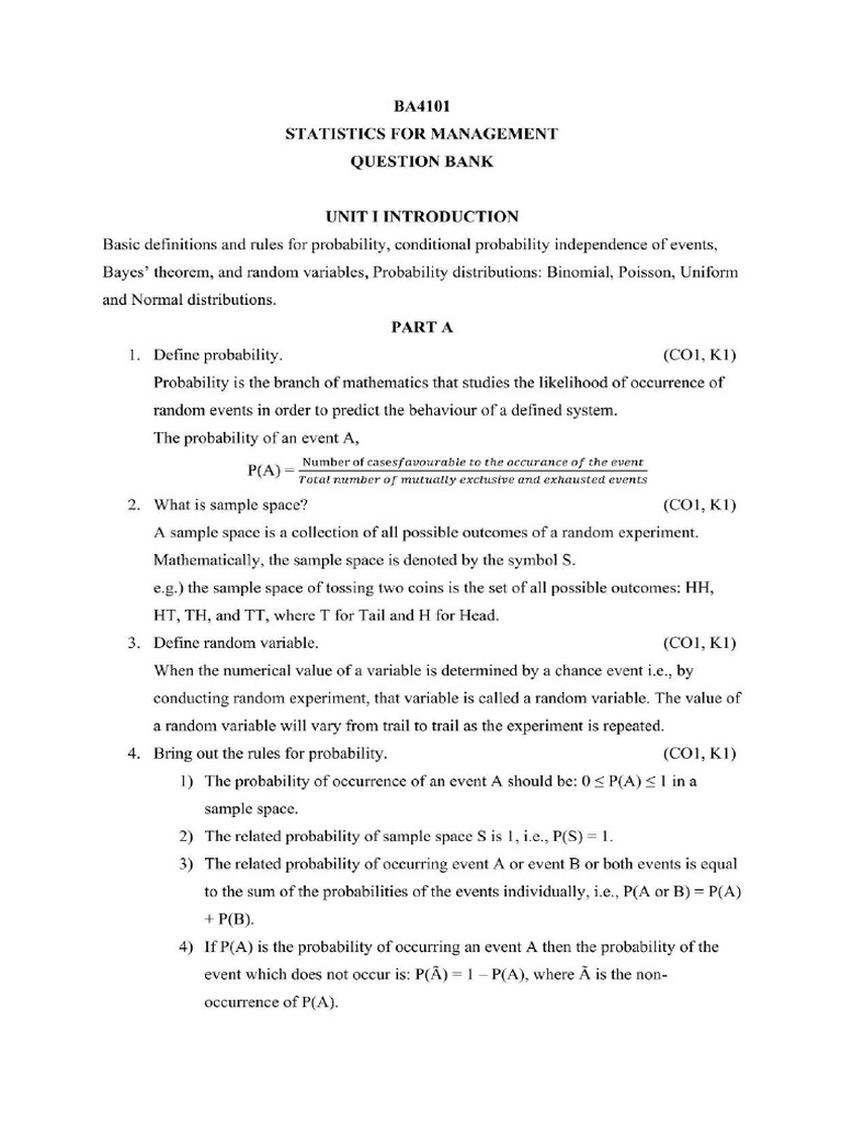 Statistics For Management SFM - BA4101 - Question Bank 2 | PDF | Strategic Management | Marketing