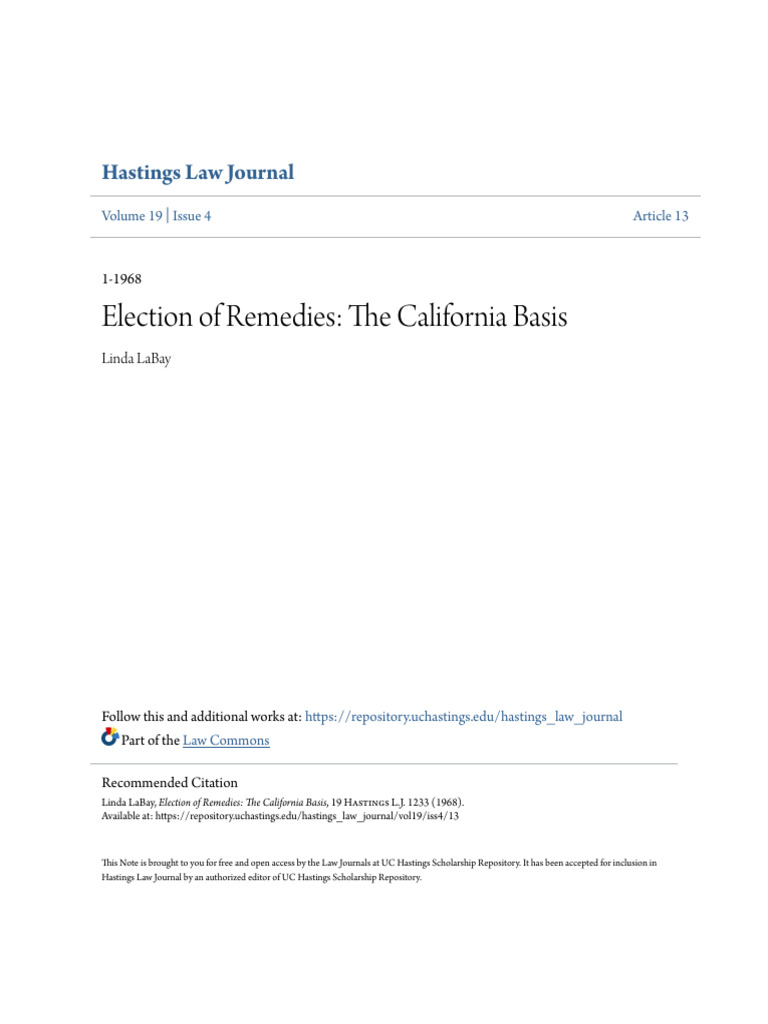 Election of Remedies - The California Basis | PDF | Estoppel | Legal Remedy