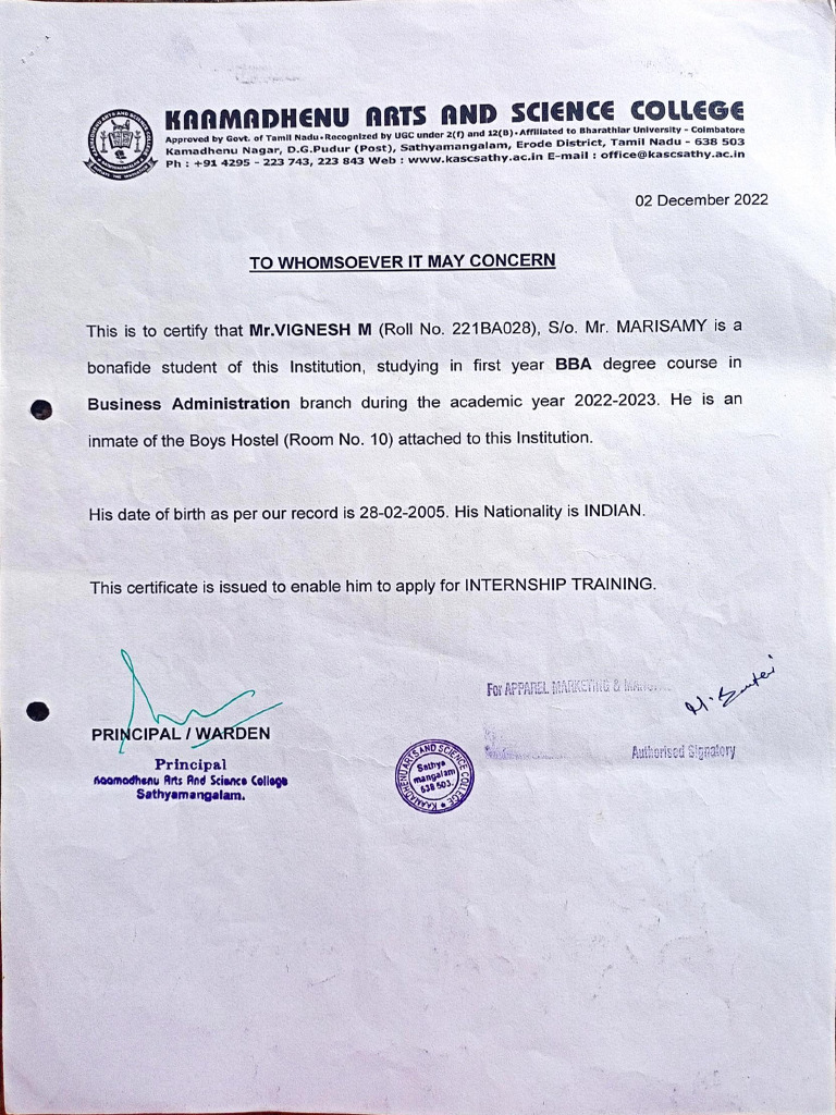 Internship Certificate for Vignesh M | PDF