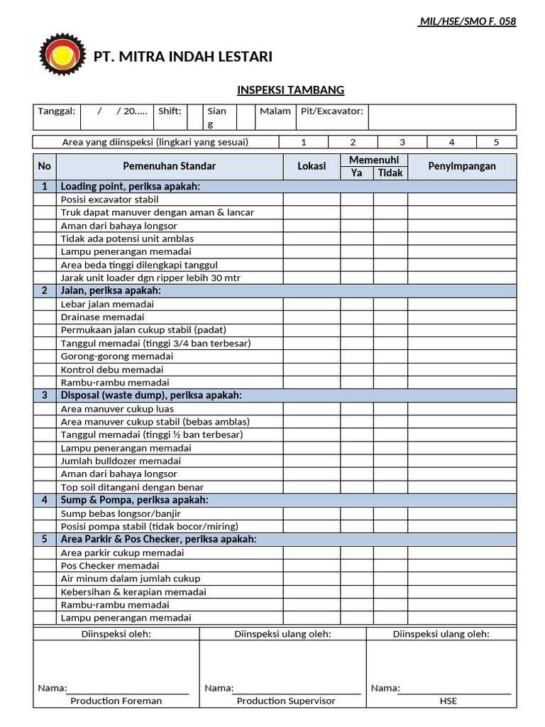 08. MIL HSE SMO F-058 Form Inspeksi Tambang Harian | PDF