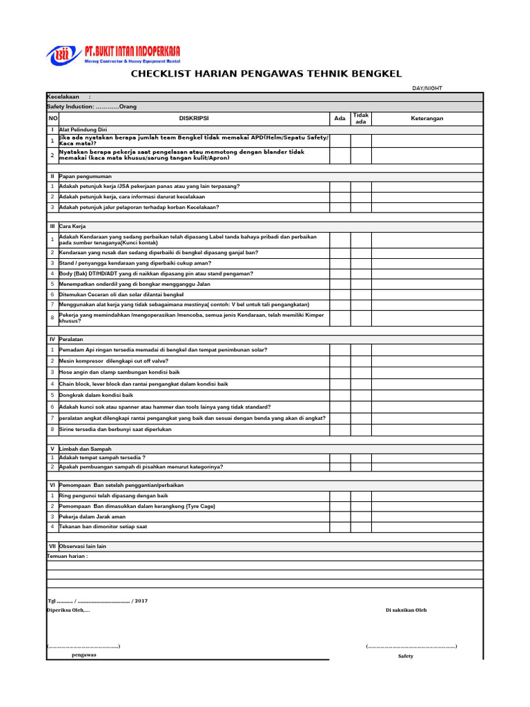 015.form Checklist Pengawas Harian Workshop | PDF