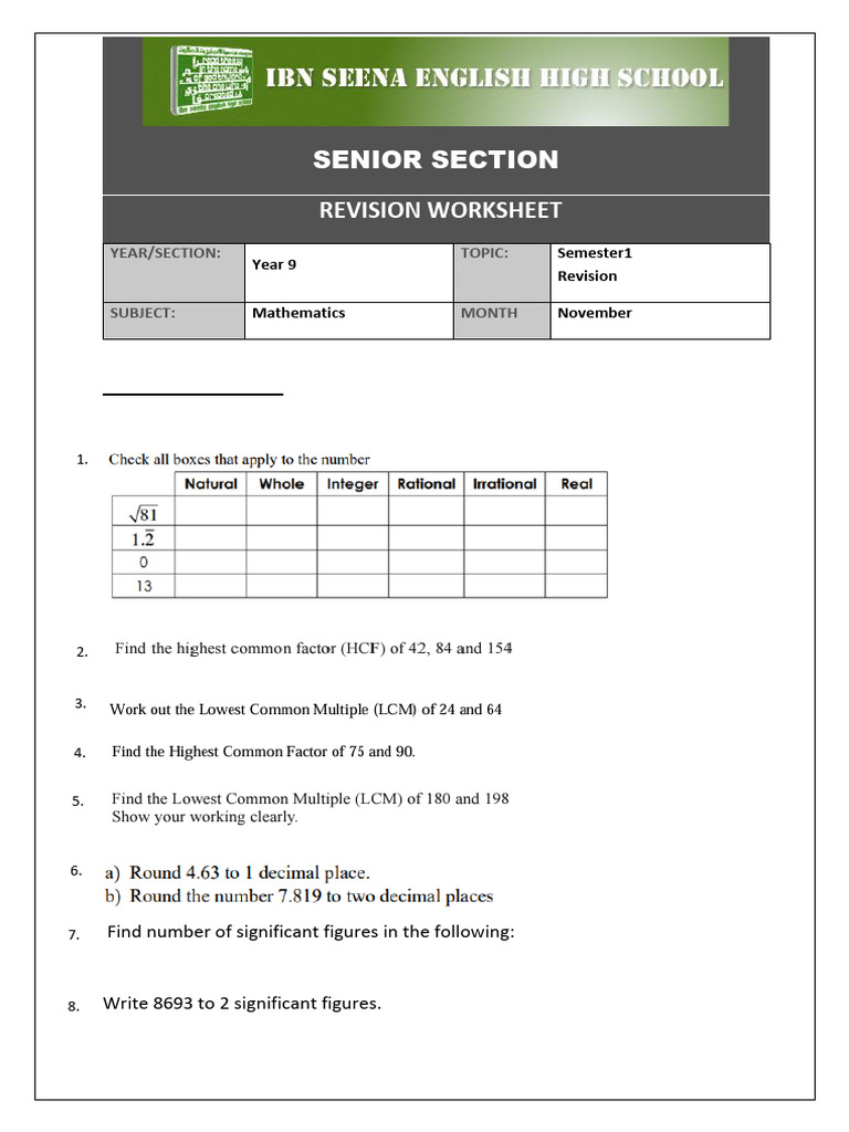 Revision Worksheet Year 9 Maths | PDF