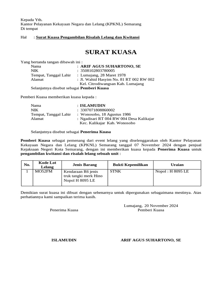 Surat Kuasa Pengambilan Lelang | PDF