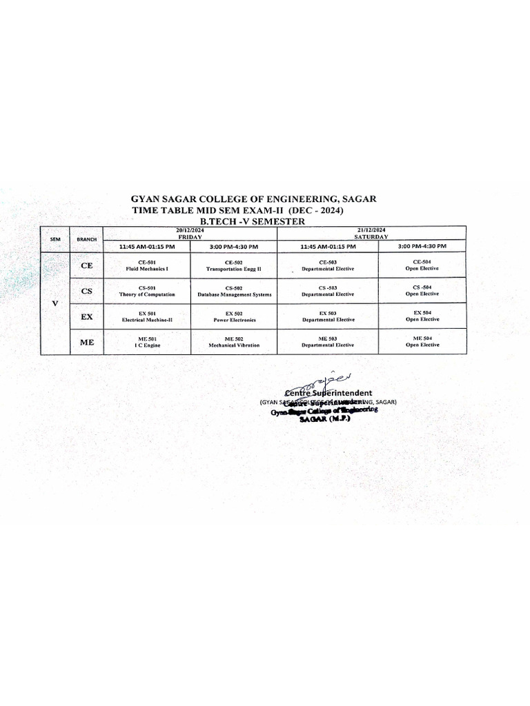 BTech V Sem Second Mid Sem Examination Time Table | PDF