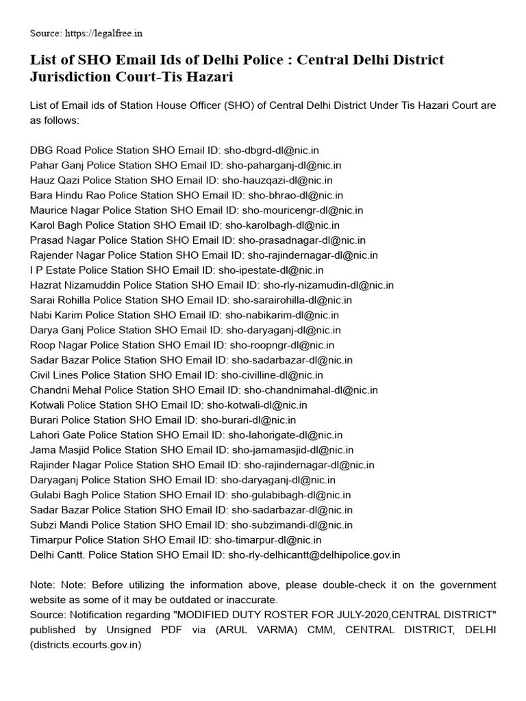 Delhi Police SHO Email List 2023 | PDF