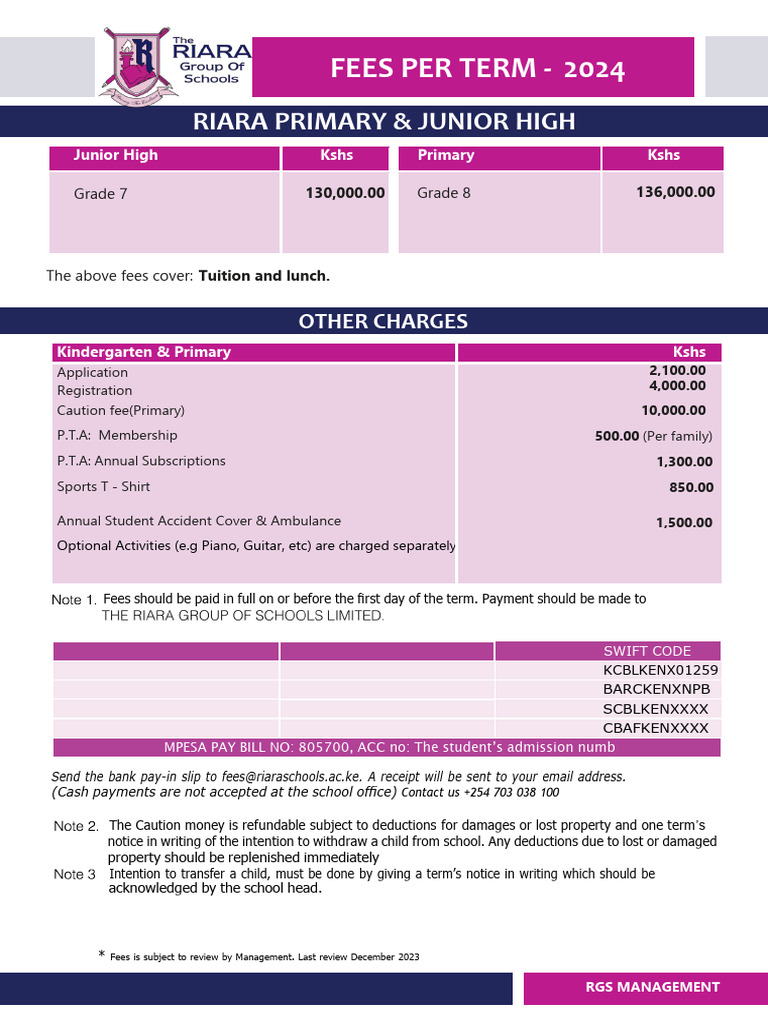 Riara Primary - Junior High Fee Structure December 2023 | PDF | Nairobi | Fee