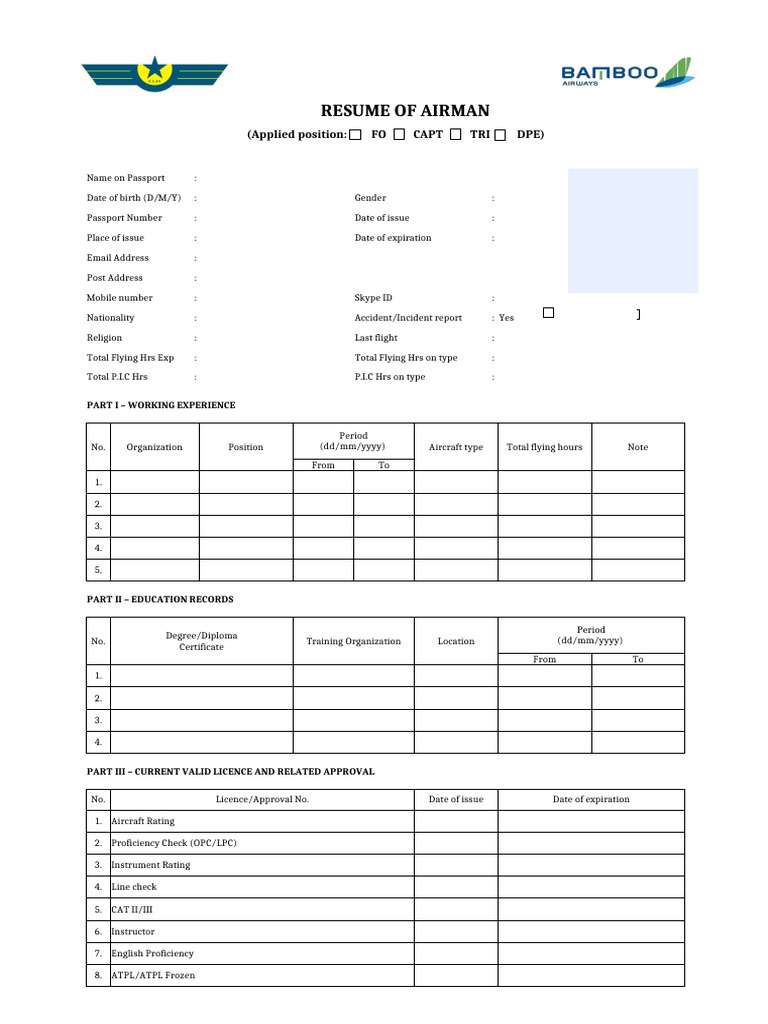 Bamboo Airways Pilot Application Form | PDF | Aviation Safety | Aviation