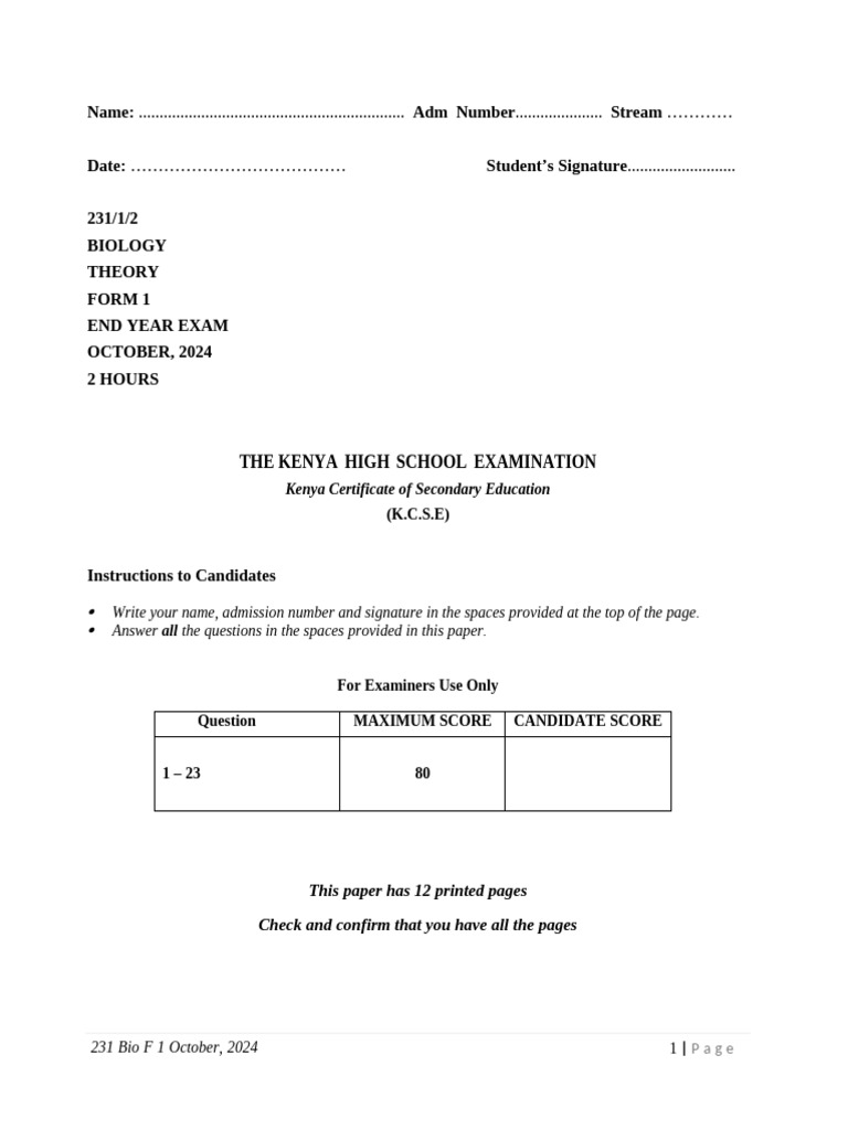 Biology Theory Exam Paper - Form 1 | PDF | Osmosis | Cell Biology