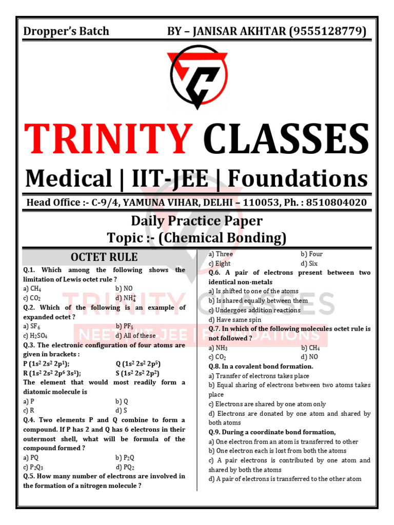 DPP - (Chemical Bonding) | PDF | Molecular Orbital | Chemical Bond