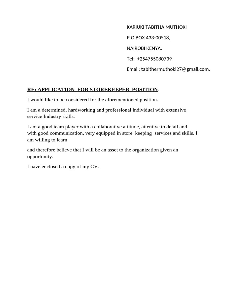 Storekeeper Cover Letter | PDF