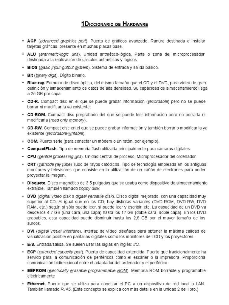 Diccionario de Hardware Esencial | PDF | Hardware de la computadora ...